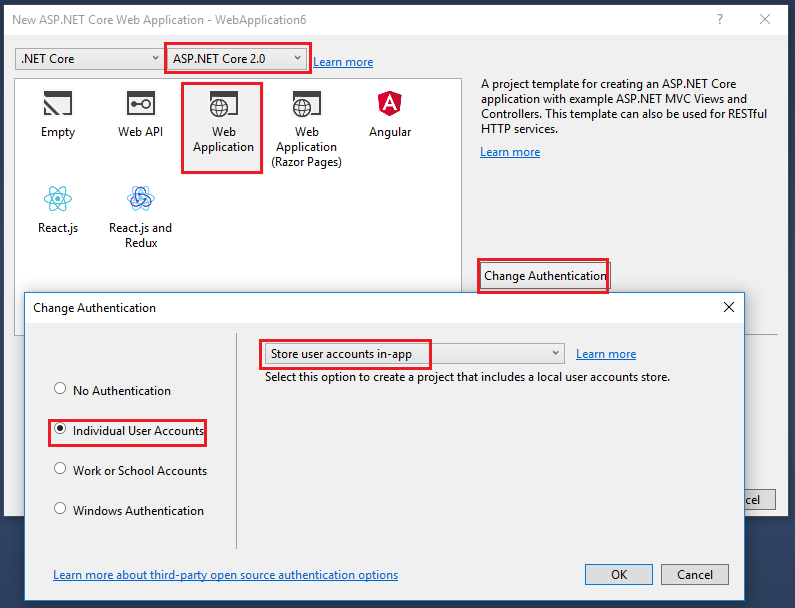New Project dialog showing “Individual User Accounts radio” selected