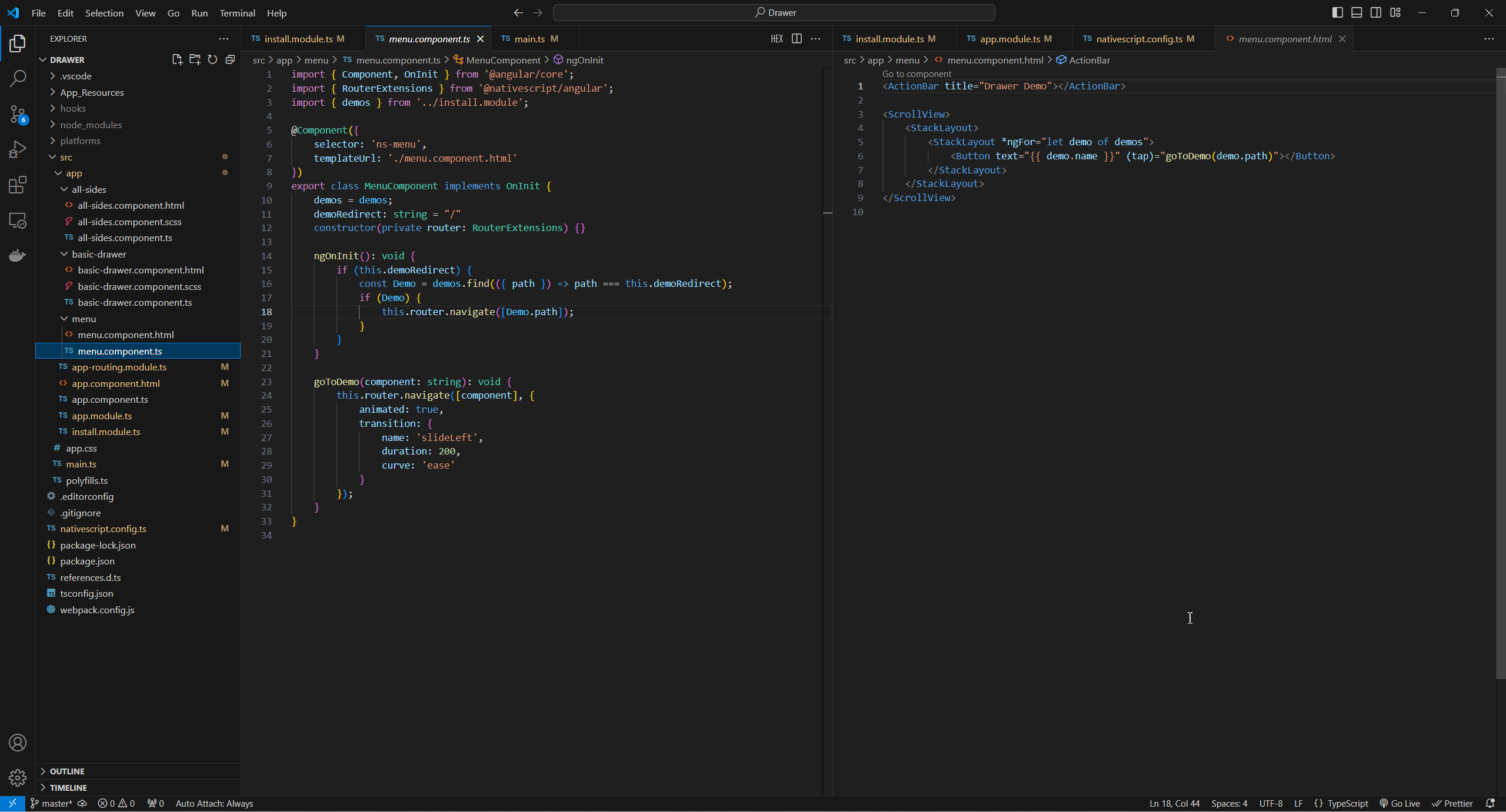 Viacheslav Eremin | NativeScript Drawer for Android/IOS phone (clear Angular project)