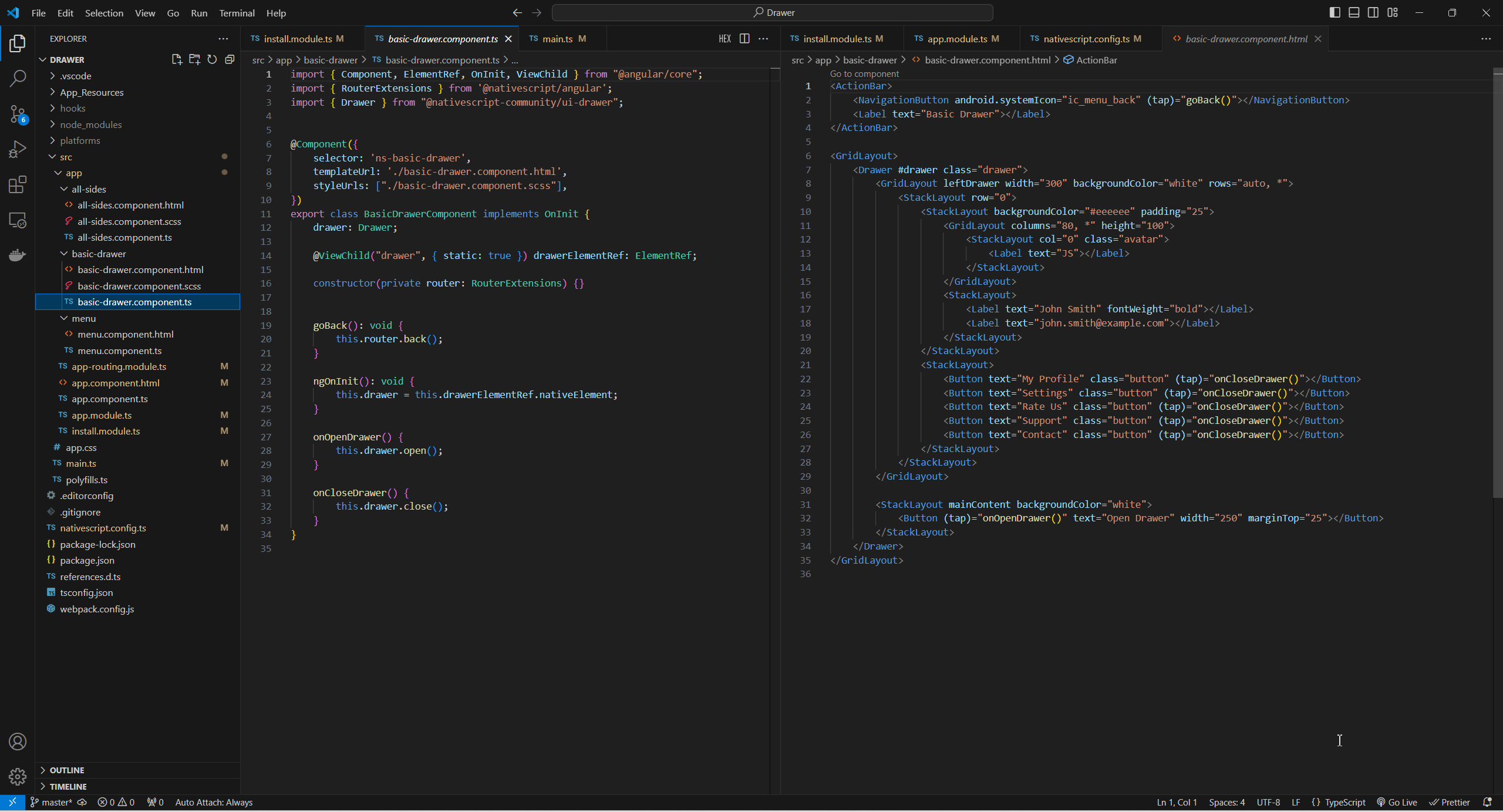 Viacheslav Eremin | NativeScript Drawer for Android/IOS phone (clear Angular project)